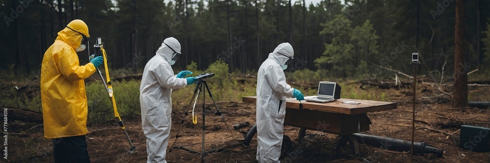 Scientists measuring radiation levels in the disaster area Stock ...