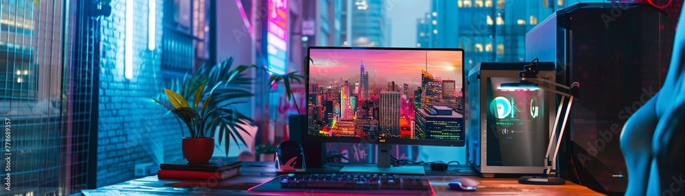 Documentarystyle photography of a creative workspace with a vibrant ...