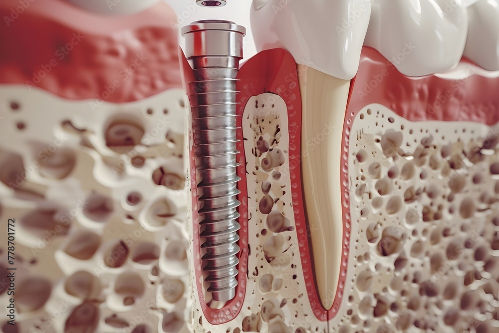 Detailed Cutaway View of a Dental Implant Embedded in the Jawbone with ...