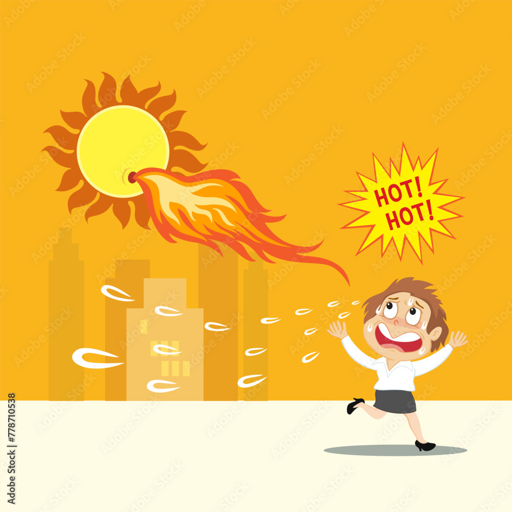 Hand drawn woman run away from extreme heat on a hot day. Angry sun ...