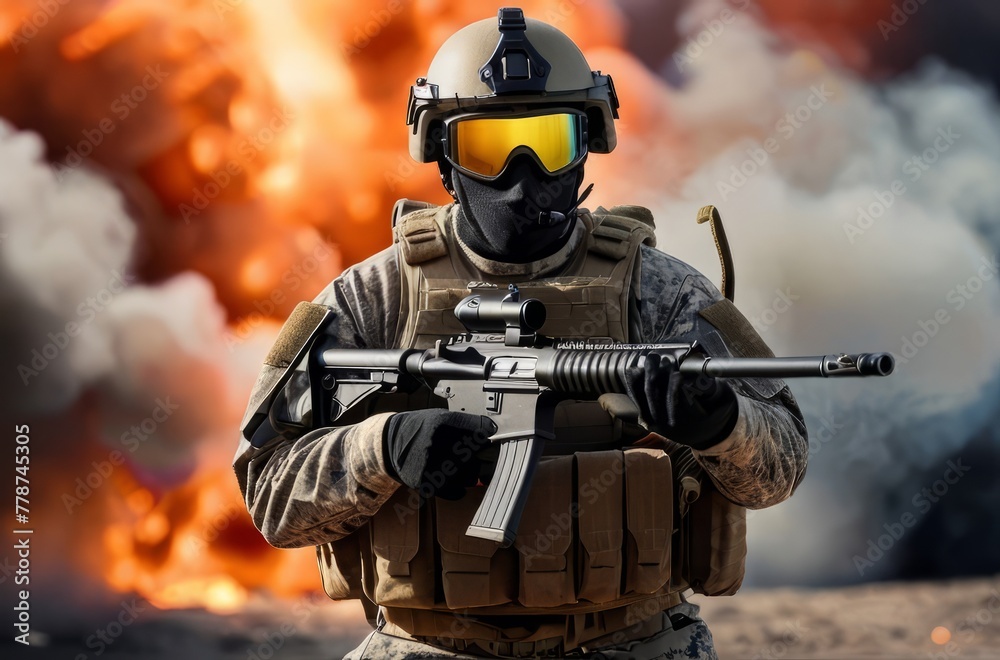 Brave soldier with modern rifle against fire explosions and smoke Stock ...