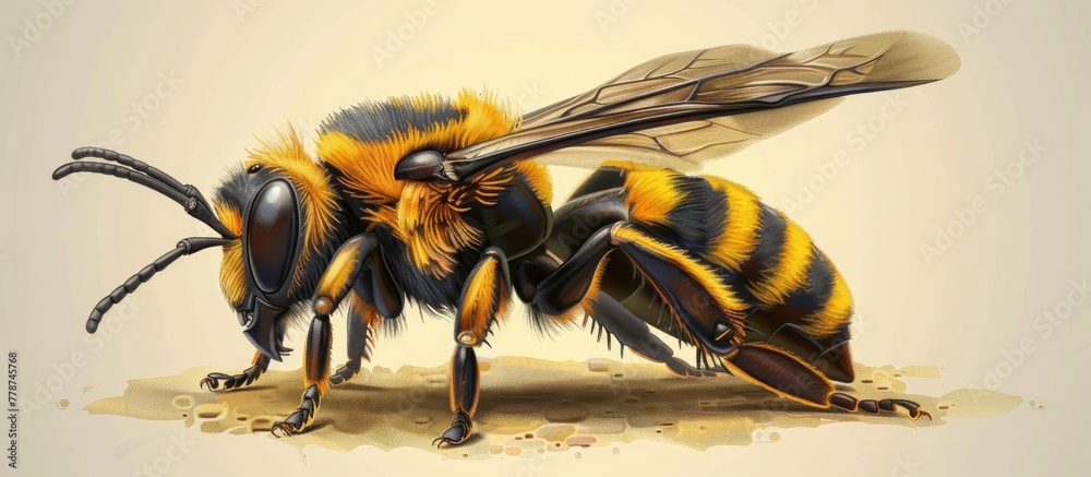 A closeup macro photography of a yellow and black bee, a pollinator and ...