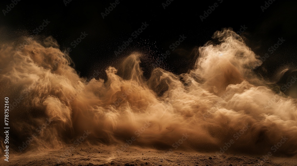 Intense dust cloud rising from the ground, resembling a sandstorm in the desert. The dynamic ...