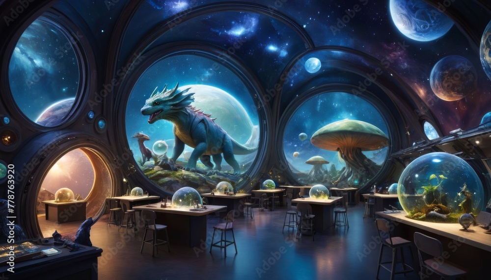 A vibrant sci-fi classroom featuring a holographic galactic dragon ...