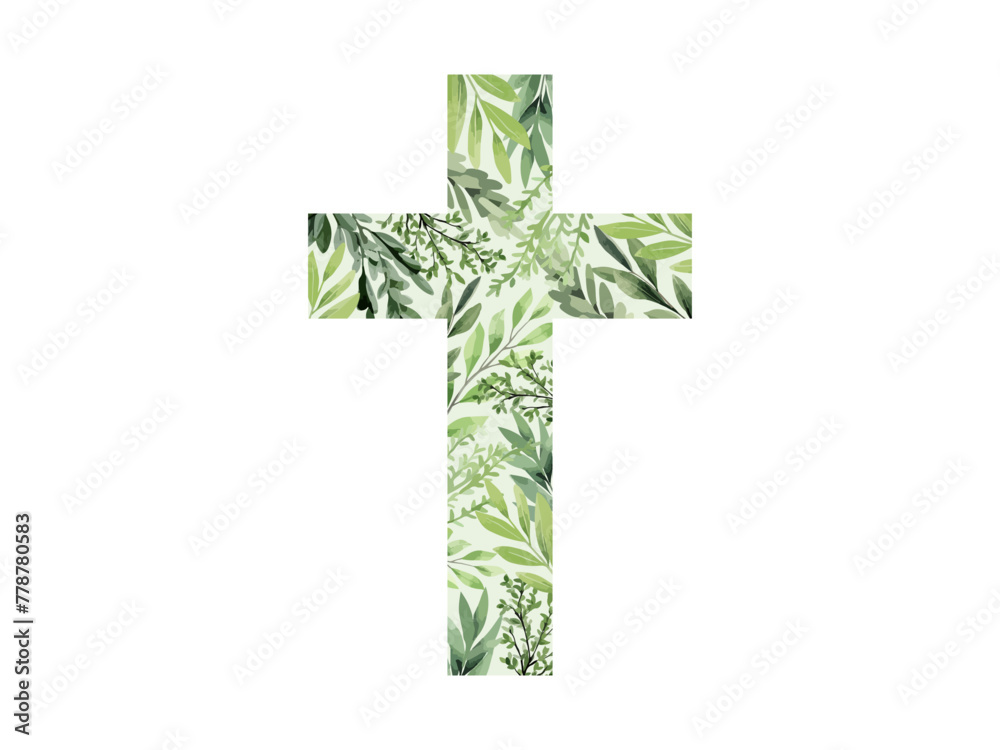 Christian cross of green leaves for church, calendars, holiday cards ...