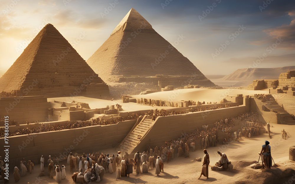 Egyptian pharaoh overseeing the construction of a pyramid, workers and ...