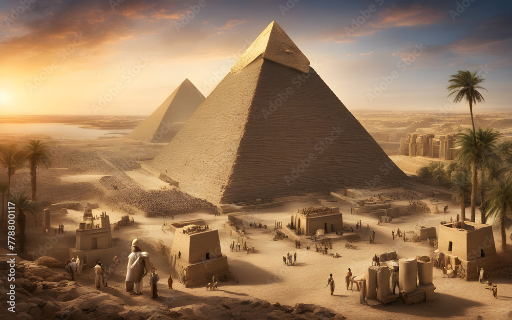 Egyptian pharaoh overseeing the construction of a pyramid, workers and ...