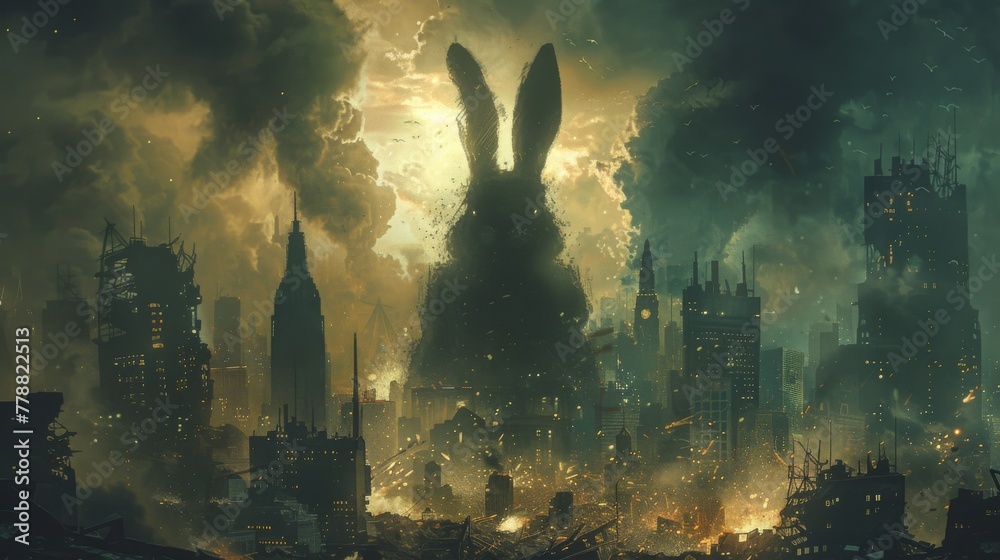 A massive bunny towers over destroyed cities, casting a shadow over the ...