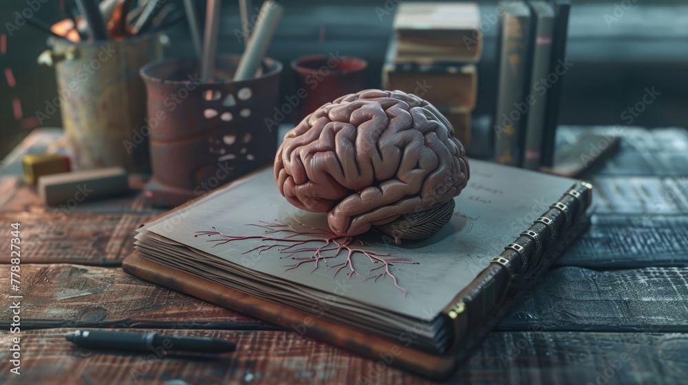 Brainstorm in physical form, notebook with 3D brain overlay ...