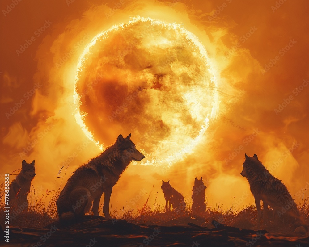Watercolor scene of an eclipse with wolves watching, glowing halo ...