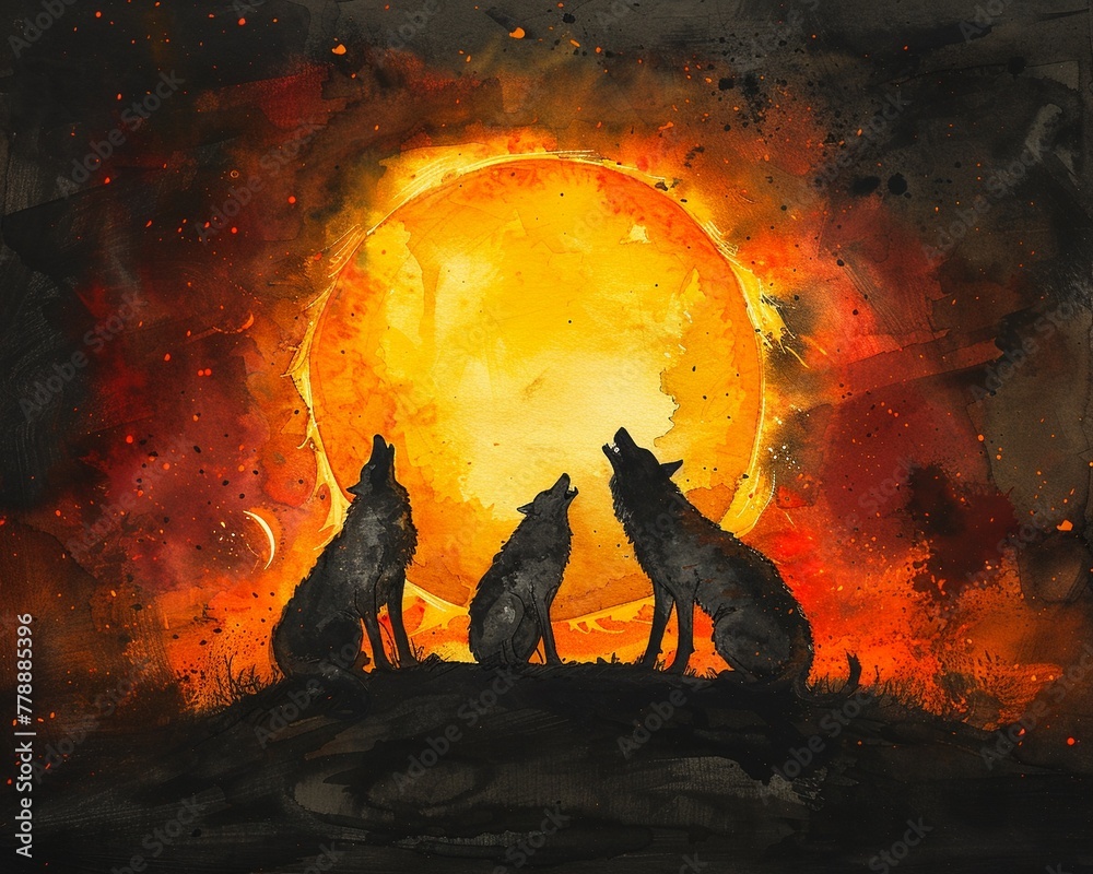 Watercolor scene of an eclipse with wolves watching, glowing halo ...