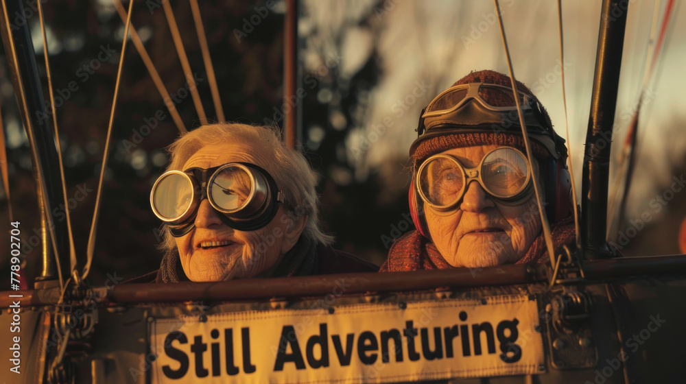 Two spirited seniors wearing goggles in a hot air balloon with a "Still ...