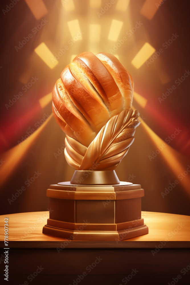 Bread shaped trophy on podium, bakery contest, bright spotlight, hyper ...