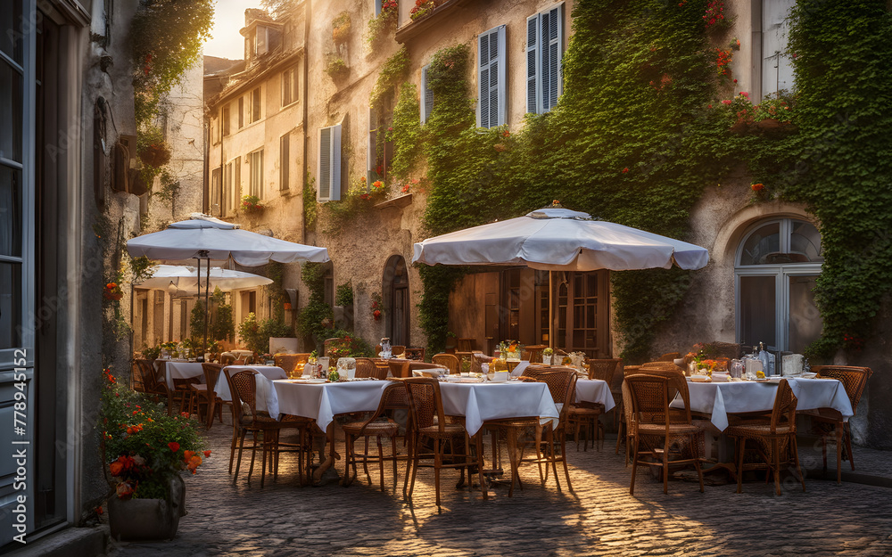 Quaint cafe terrace on a cobbled street in Europe, tables set for ...