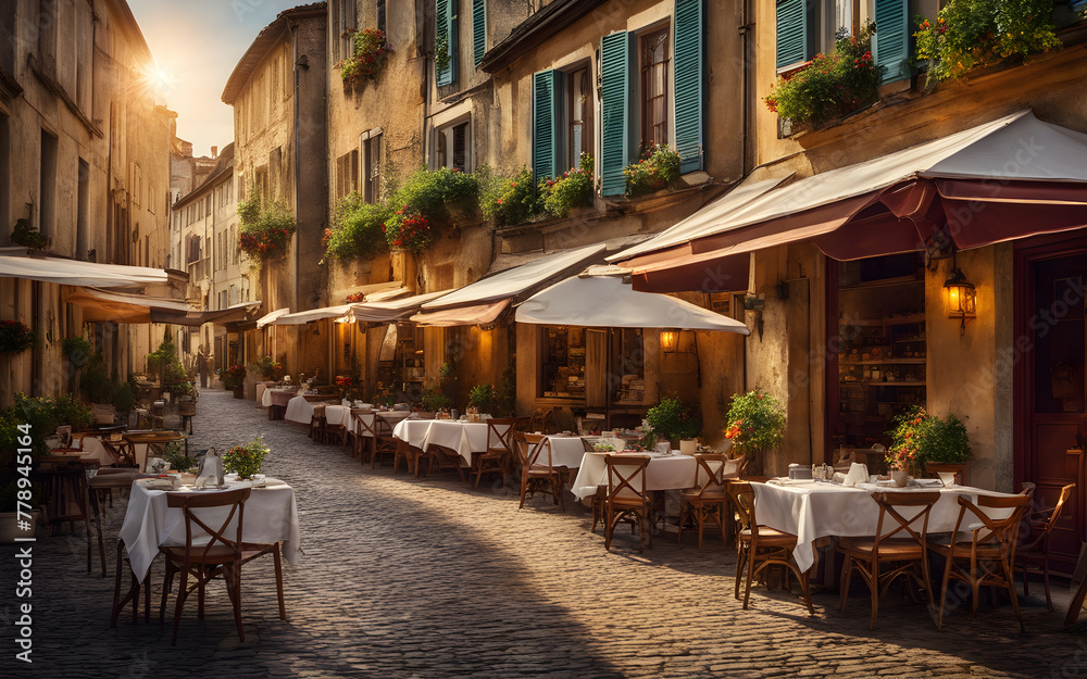 Quaint cafe terrace on a cobbled street in Europe, tables set for ...