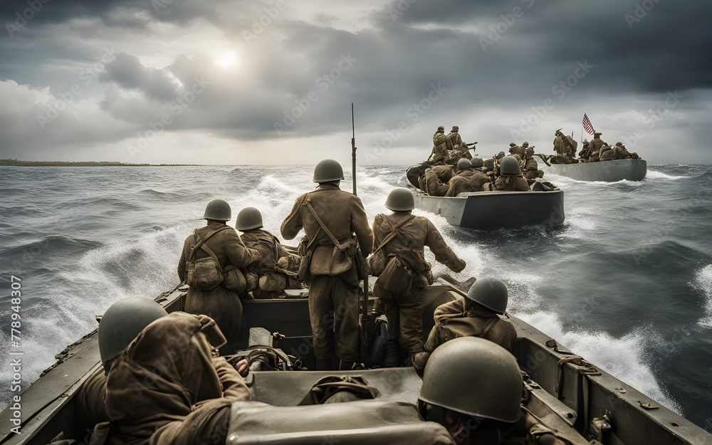 Rear view of 1944 American soldiers in a Landing Craft boat during D ...