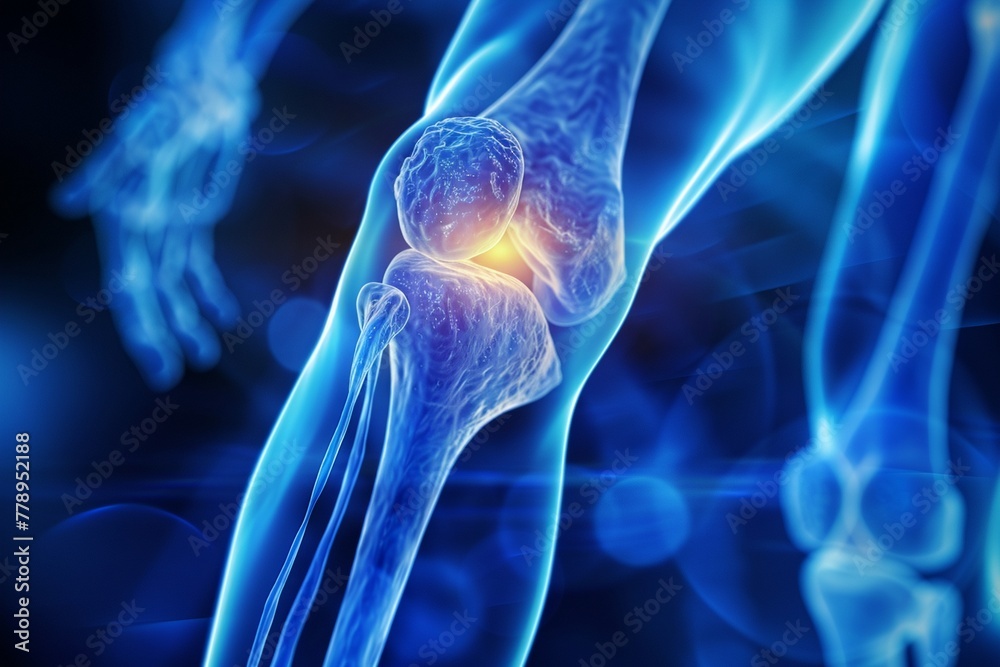 illustrates a human knee joint with emphasis on areas that appear to be ...