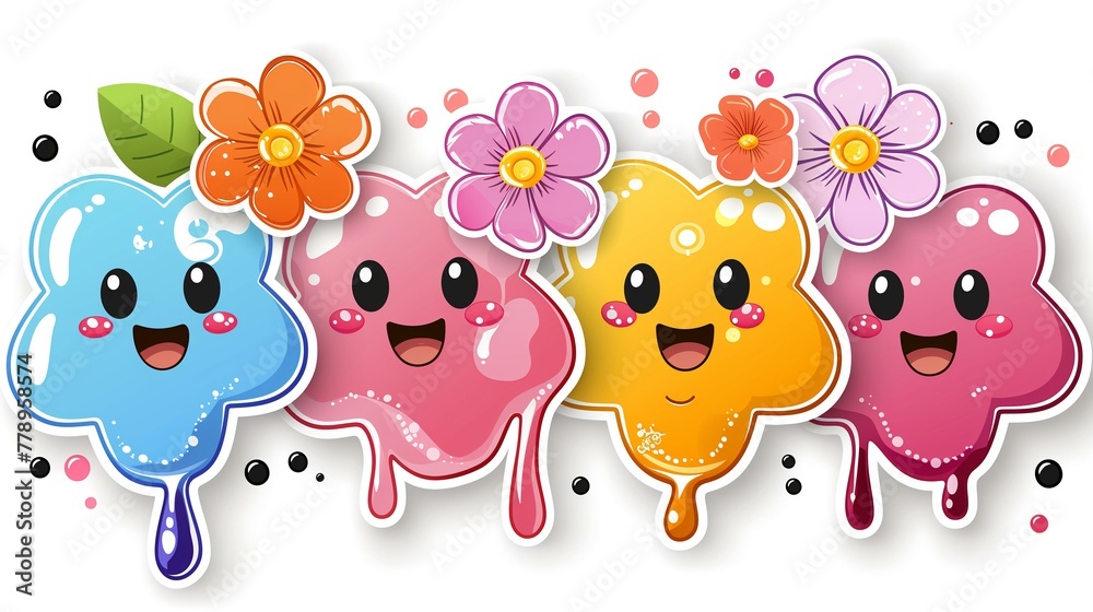 vector sticker design of cute cartoon flowers with smiling faces ...