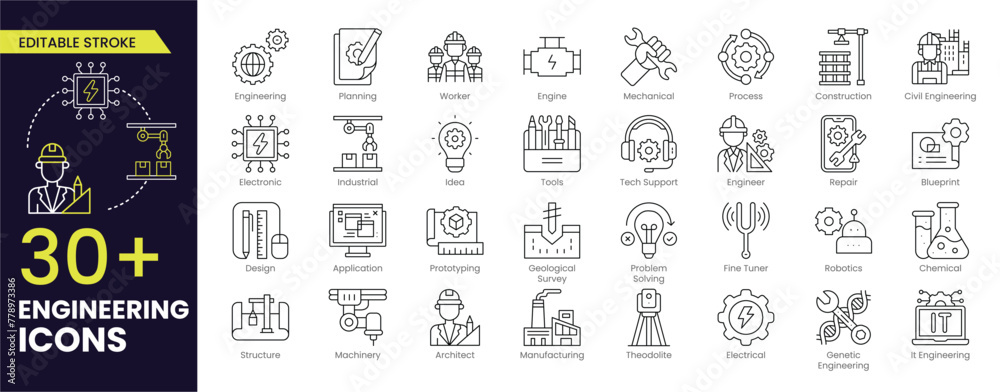 Image vectorielle Stock Engineering Editable Stroke icon set. Containing blueprint, engineer ...