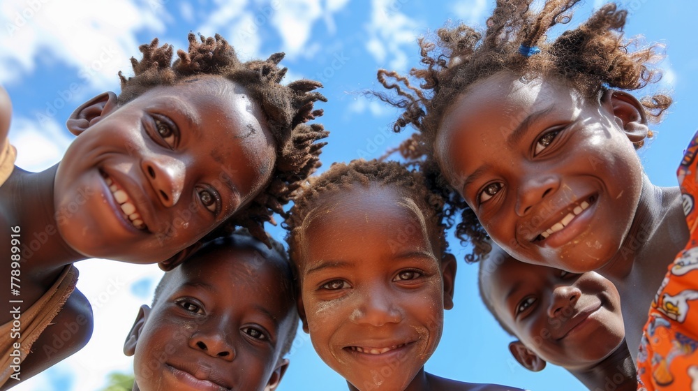 Innocence meets exuberance as children beam at the camera against a ...