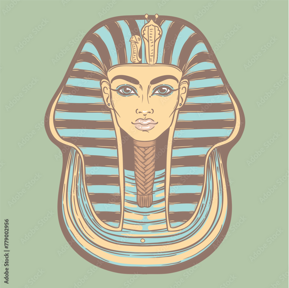King Tutankhamun mask, ancient Egyptian pharaoh. Hand-drawn vintage ...