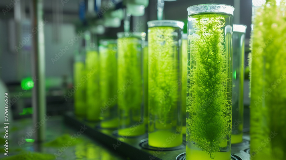 Closeup of algae biofuel cultivation in a laboratory, green sustainable ...