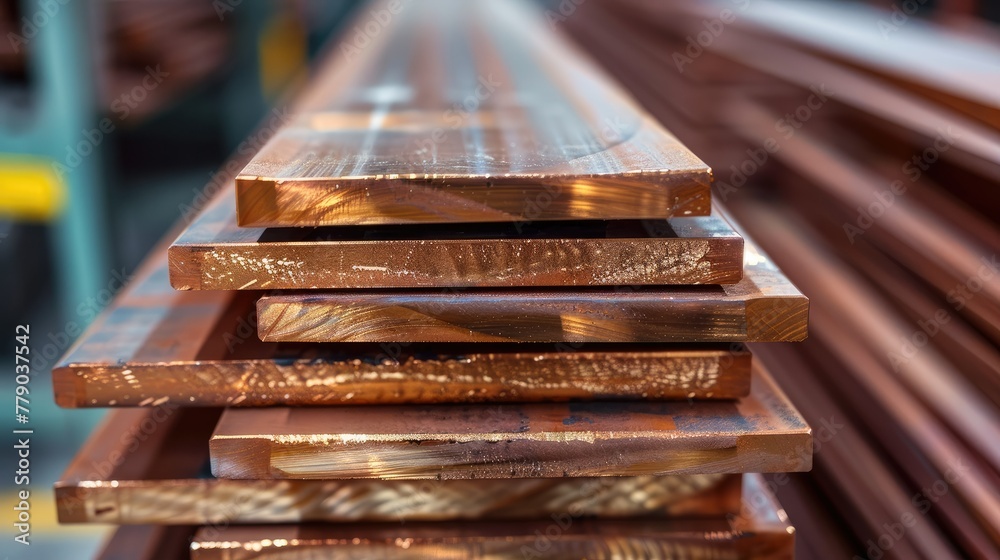 Copper flat bars, clean and polished, stacked in industrial warehouse ...