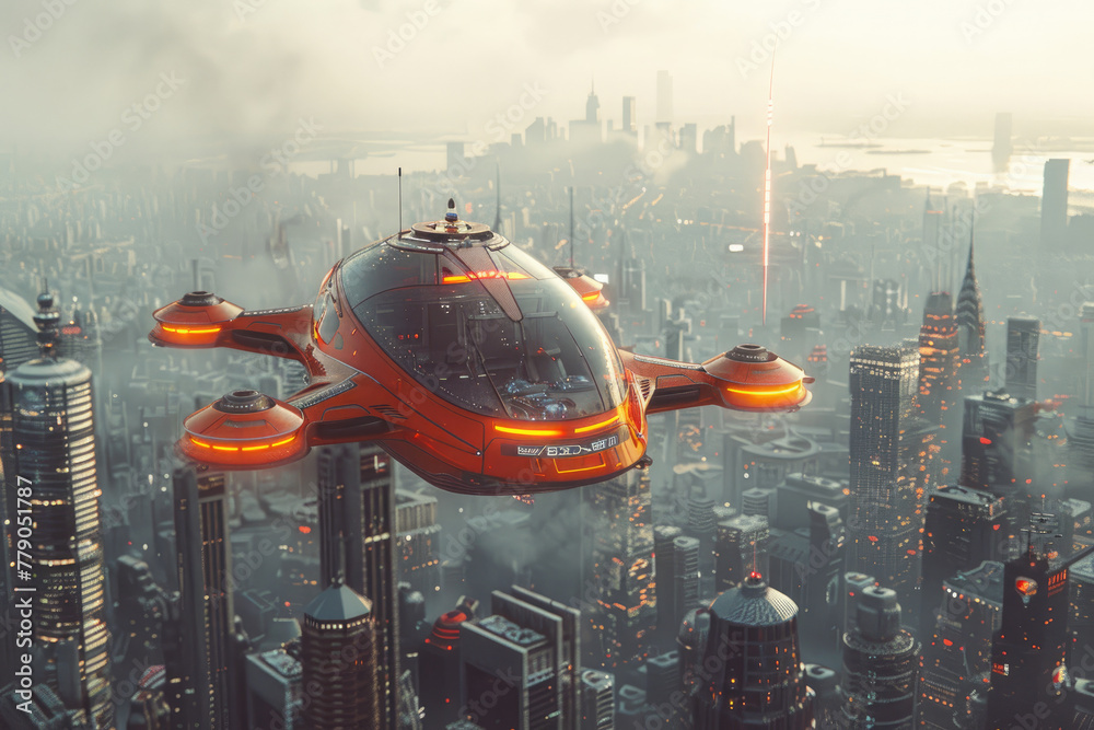 Modern future flying taxi. Unmanned aerial vehicle. Aero taxi over ...