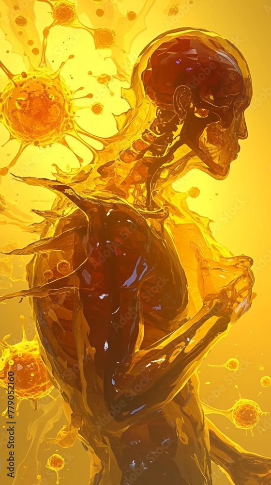 Mast cell releasing histamines, bright yellow highlights, side perspective, dynamic, medical ...