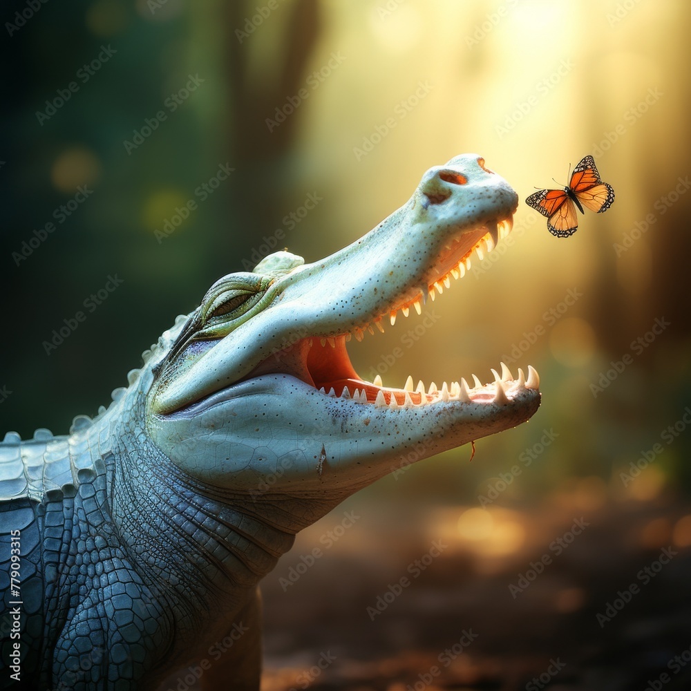 Young alligator in aquatic vegetation and butterfly Concept ...