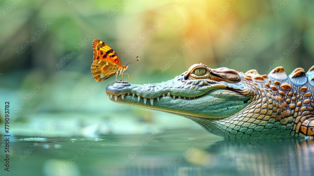 Young alligator in aquatic vegetation and butterfly Concept ...