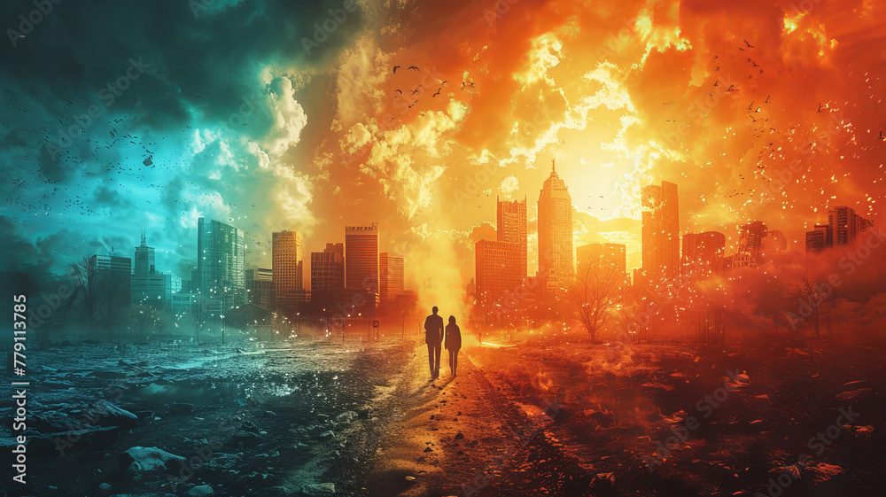 Comprehensive global warming image portrays causes, impacts, mitigation strategies, individual ...