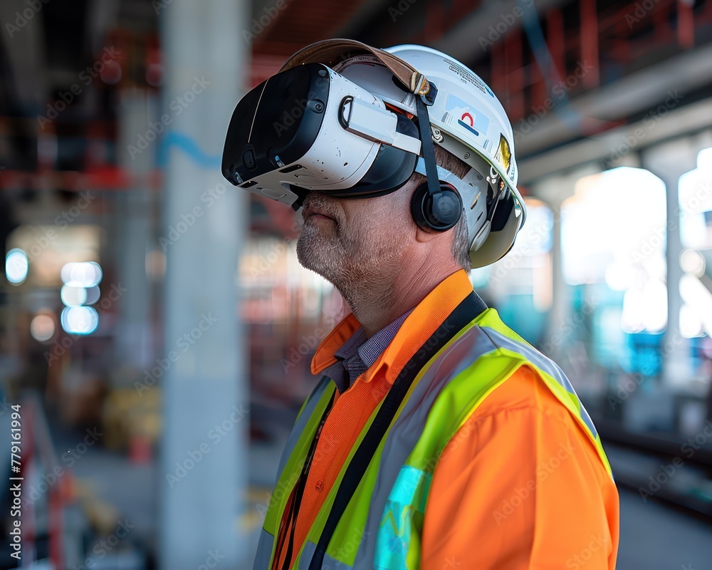 Photograph a safety inspector wearing a VR headset on a construction ...