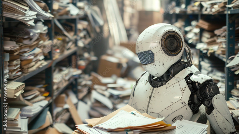 Irony in technology: a futuristic robot stuck doing mundane paperwork ...
