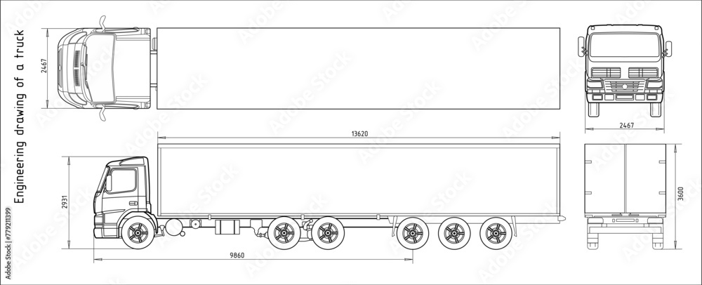 Vector engineering drawing of truck with trailer with dimensional lines ...
