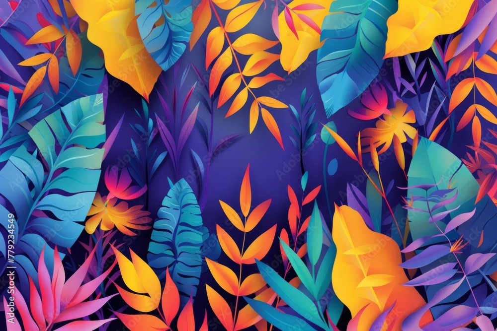 This digital art piece features an array of stylized tropical foliage ...