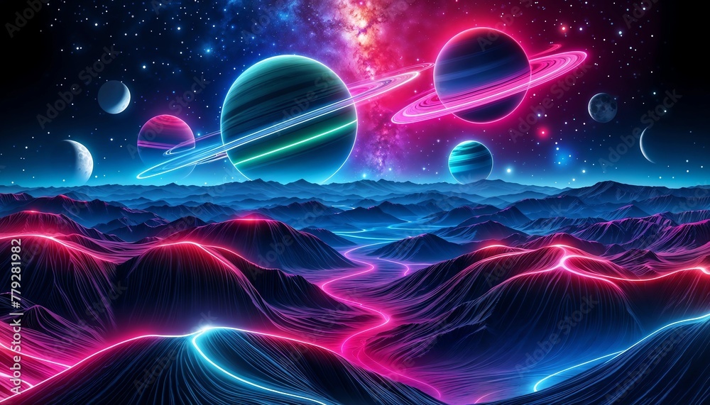 Surreal Neon-Lit Alien Landscape with Vibrant Planetary Bodies Under ...