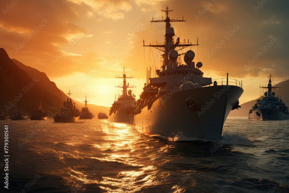 cinematic portrayal military navy ships in a sea bay during the golden ...