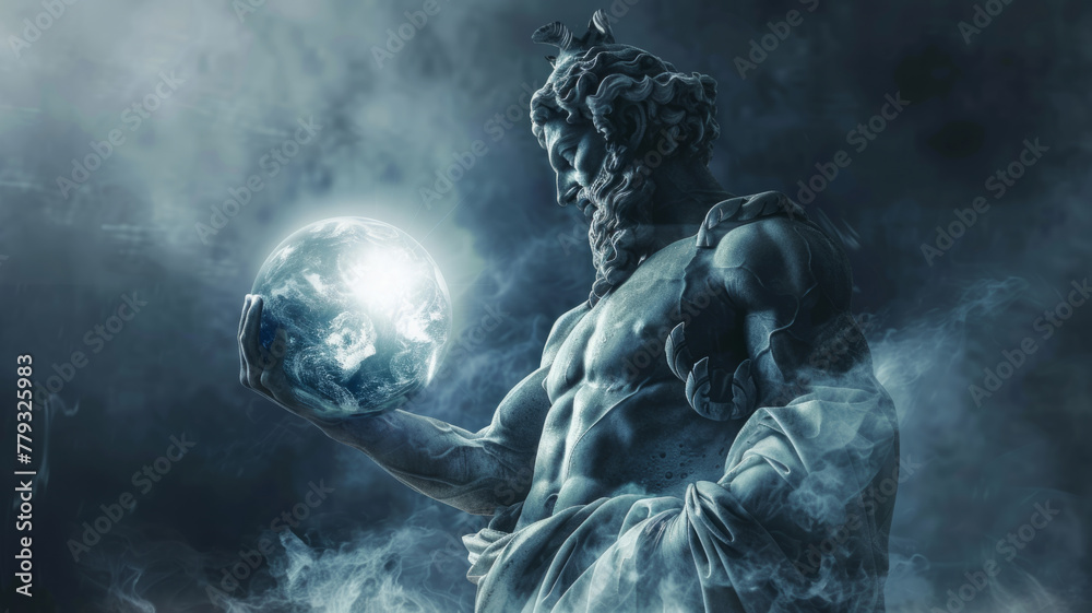 Statue holding a glowing orb in a mystical setting - Artistic statue of ...