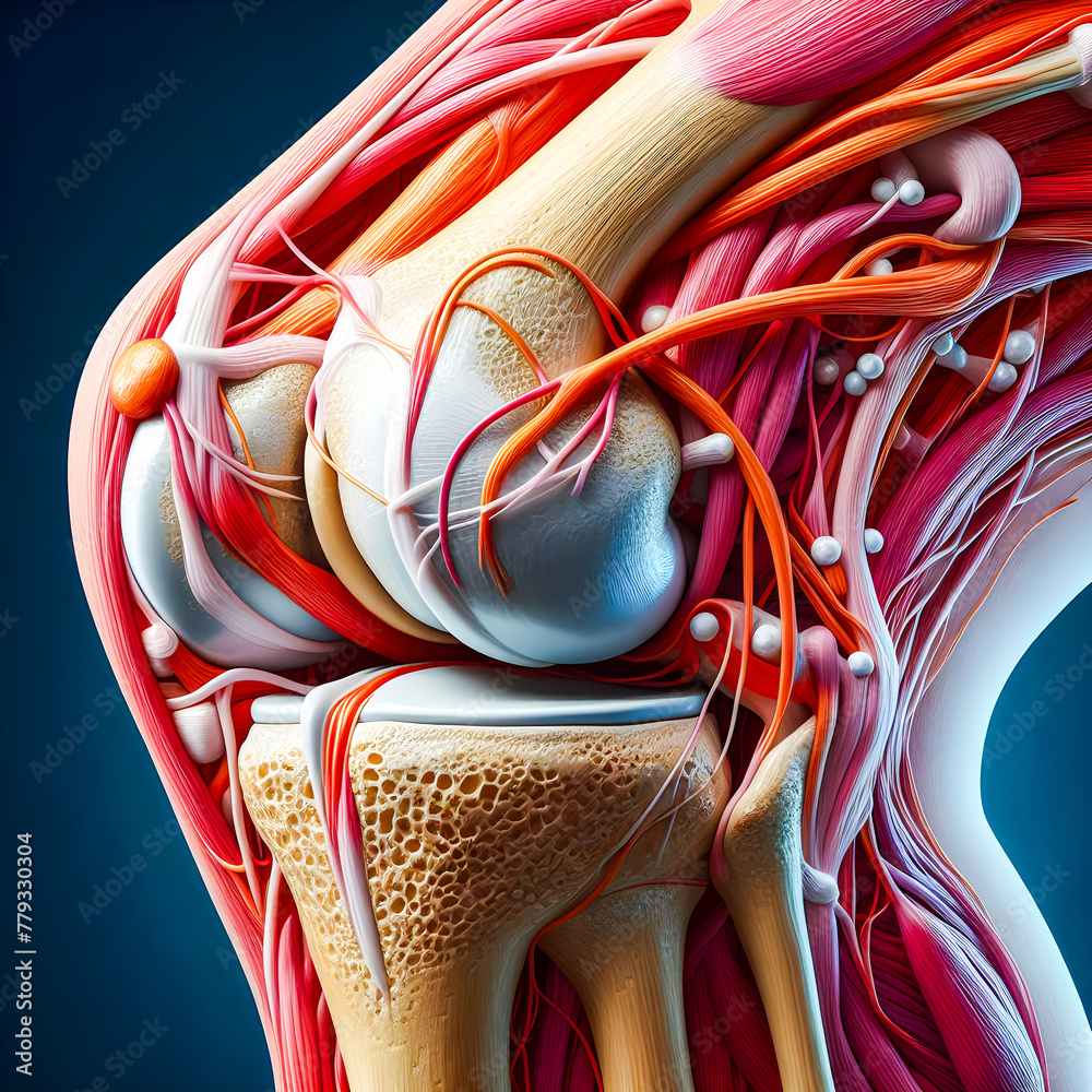 Graphic illustration of human knee anatomy consisting of the knee bones ...