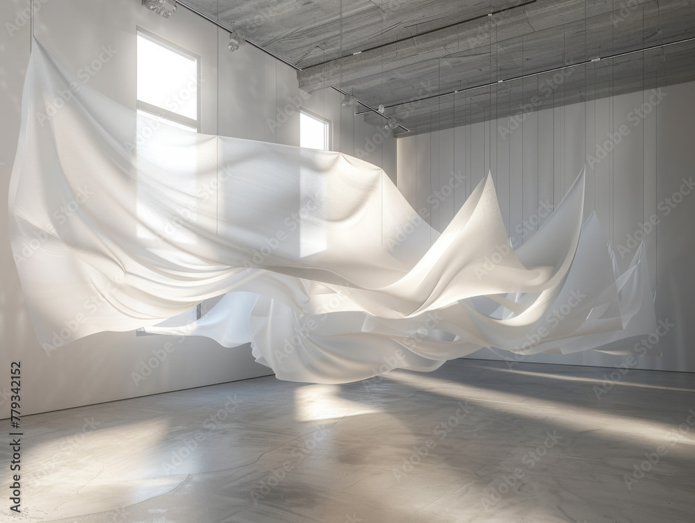 Abstract art installation with floating fabrics and light projections ...