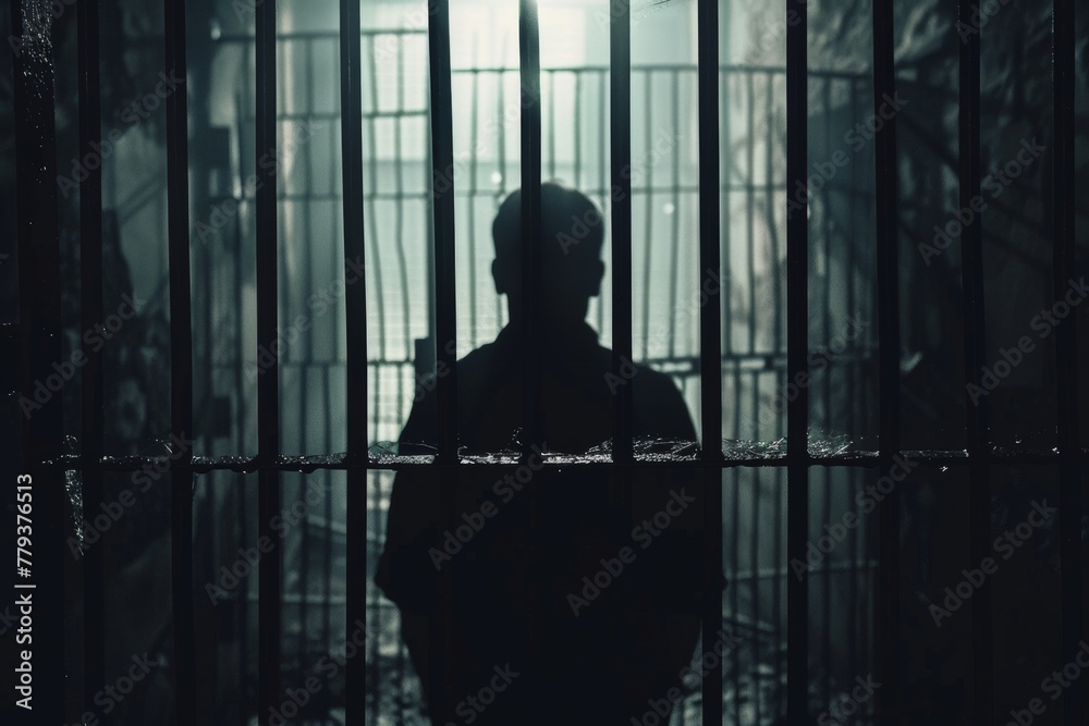 Silhouette of a Prisoner Behind Bars in Dark Cell - Hope and Despair ...