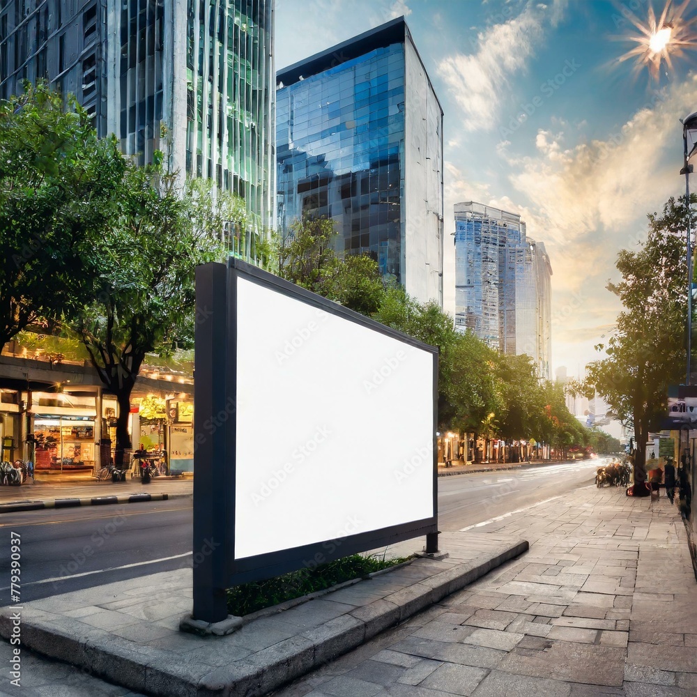 a blank white horizontal billboard placed in a bustling street. The ...