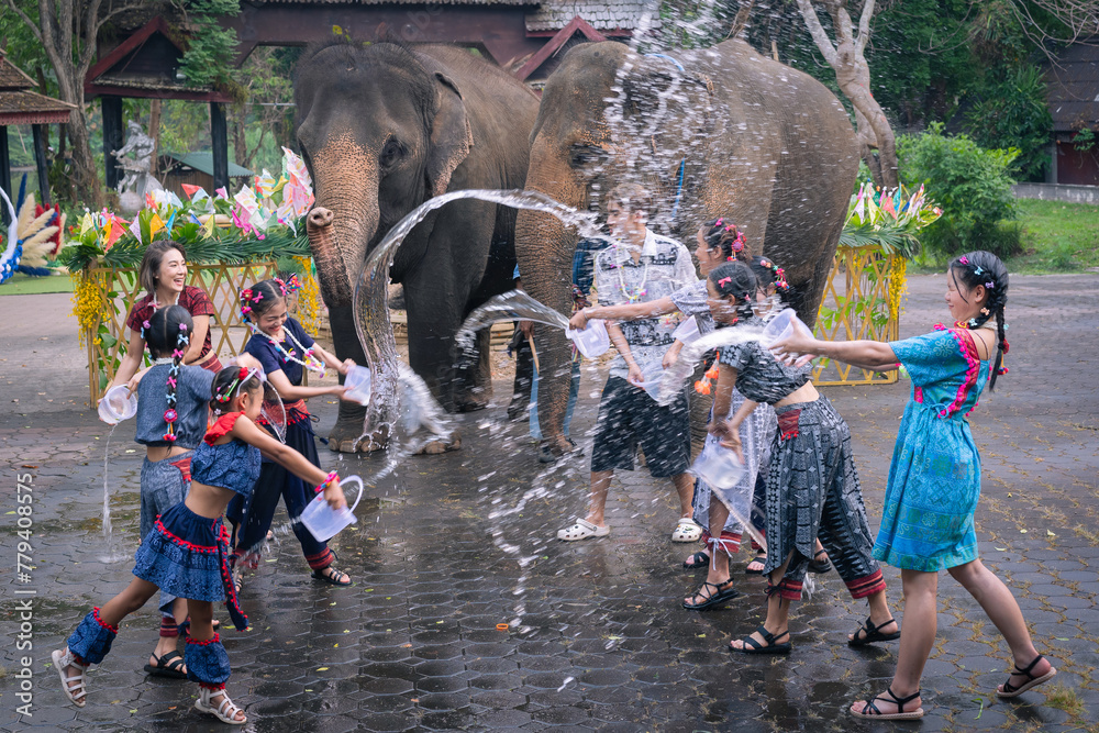 Songkran Festival Thai dress. Asian young travel group wearing colorful ...
