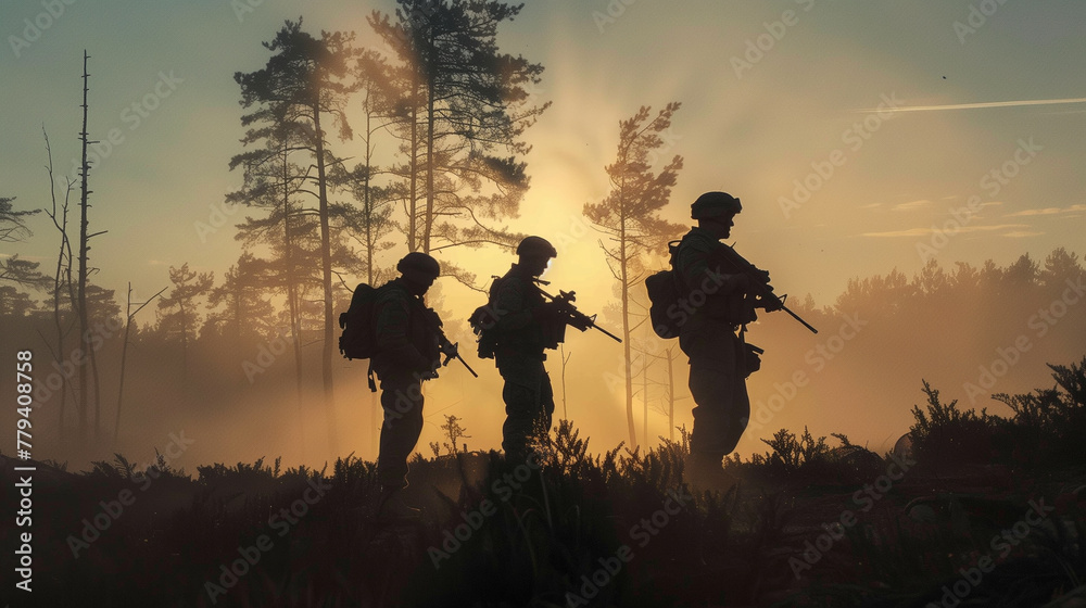Soldiers standing together in an outdoor landscape against the sunset ...