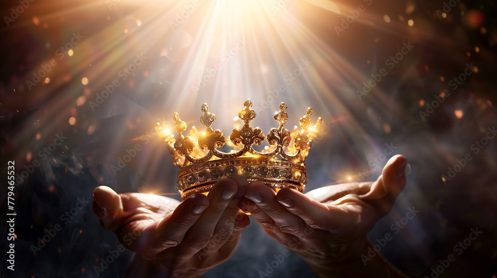 Hands holding a beautiful crown with beams of glory in the background ...