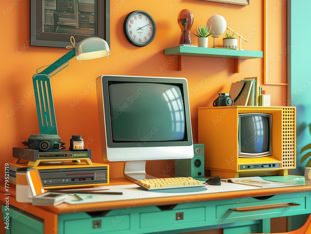 Retro computer setup, vibrant colors, retro, computer, vintage ...
