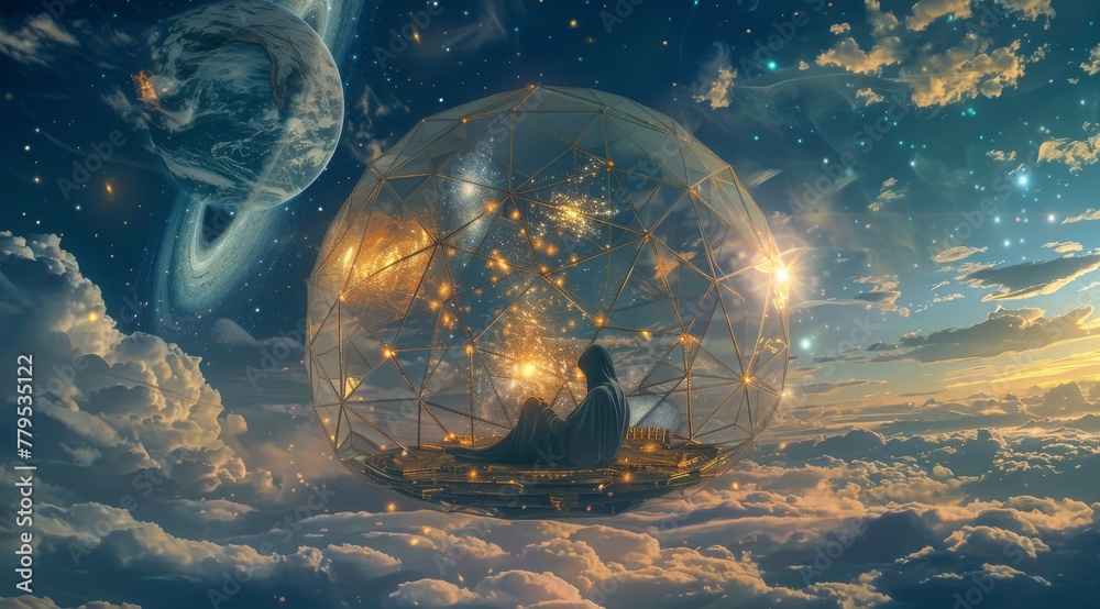 Person in contemplation under a starry geodesic dome. A serene image of ...