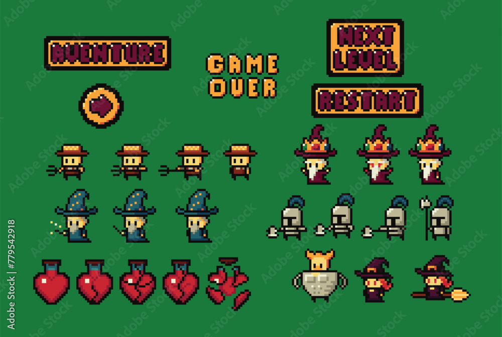 Image vectorielle Stock Set of minimalistic pixel art vector objects isolated. Pixel game ...