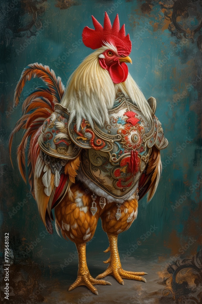 A fierce warrior rooster adorned in battle armor, standing proudly with ...